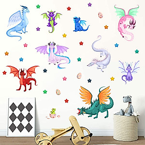 MEFOSS Creative Fairy Dragon Wall Decals Cartoon Large Wings Dragons Eggs Stars Wall Stickers Easy to Peel and Stick Wall Stickers Art Paper for Playroom Nursery Classroom Kids Bedroom Wall Decor