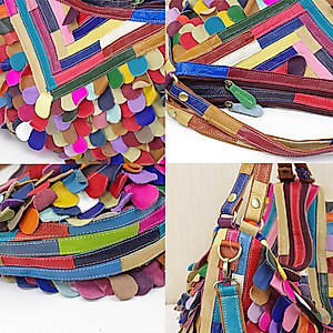 Segater® Women’s Full Sheepskin Tobo Bag Multicolour Patchwork Shoulder Bag 3D Leaf Stripe Pattern Colorful Tassel Handbag Purses Multicoloured