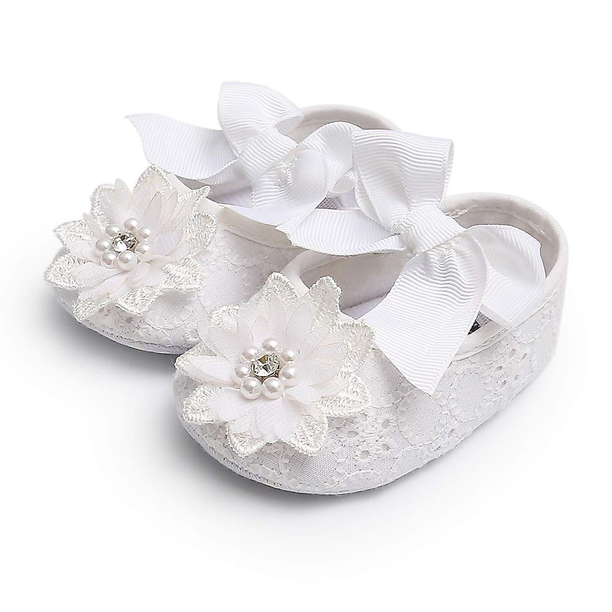 Baby Girl White Shoes Mary Jane Flats Soft Sole Bowknot Floral Princess Christening Baptism Wedding Dress Shoes for Newborns, Infants, Babies 0-6 Months