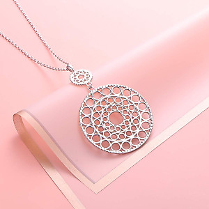 S925 Sterling Silver Long Chain Circle Necklace for Women Statement Pendant Fringe Sweater Necklaces Floral