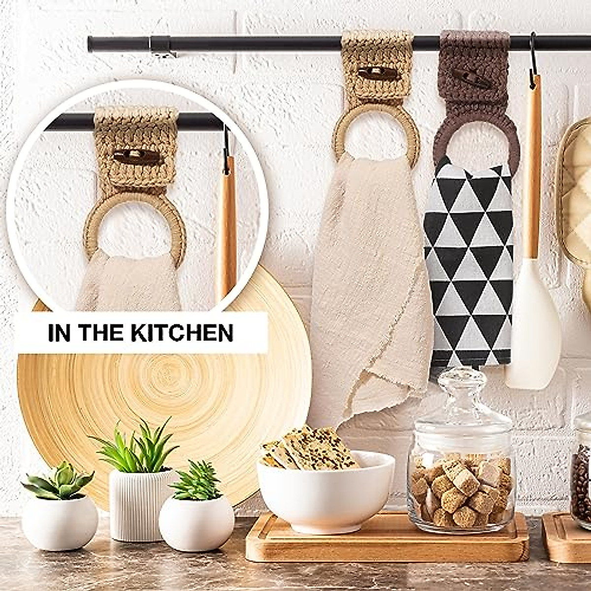 Hoolerry 8 Pcs Crochet Hanging Dish Towel Holder Hanging Kitchen Towels Ring Kitchen Towel Hanger with Hanging Loop Button for House Oven Stove Door, 8 Colors
