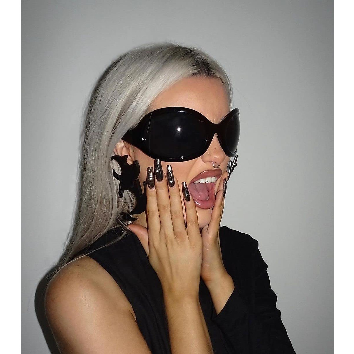 GUVIVI Oversized Fashion Sunglasses for Women Men Wrap Around Classic 90's Oval Black Sun Glasses Ladies Shades