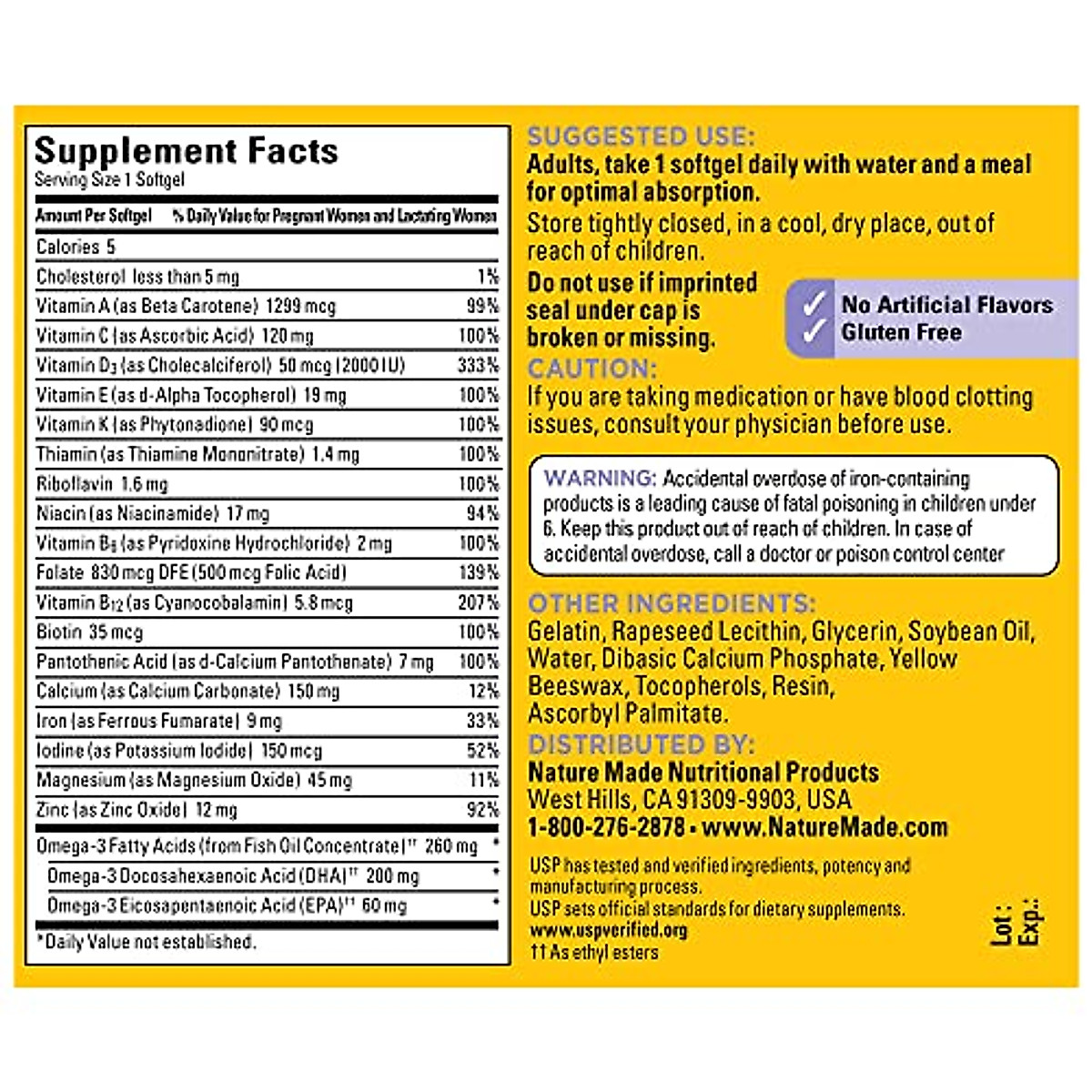 Nature Made Postnatal Multivitamin + DHA 200 mg, Postnatal Vitamins for Breastfeeding Moms & Babies, Vitamins & Nutrients Include Iron, Vitamin D3, Calcium, Iodine and More, 60 Softgels