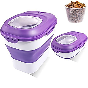 SUT Foldable Food Storage Container with Measuring Cup, Lid&Wheels, 15 Lbs Dog Cat Pet Food Storage Container, 30 Lbs Airtight Cereal Flour Rice Storage Container, Leakproof Sealable Dry Holder,Purple