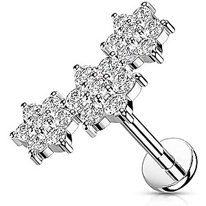 Covet Jewelry Triple CZ Flower Cluster Top on Internally Threaded 316L Surgical Steel Flat Back Studs for Labret, Monroe, Cartilage and More (16GA, L: 5/16" (8mm), Clear)