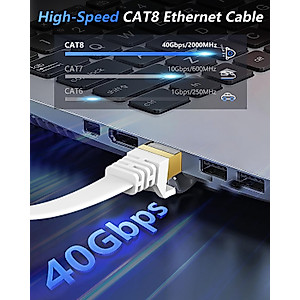 BUSOHE Cat 8 Ethernet Cable 100 FT, 40Gbps 2000Mhz High Speed Flat Cat8 Cable Patch Cord with Gold-Plated RJ45 Connector, LAN Network Internet Cable with 40 Clips for Router/Gaming/Computer, S/FTP