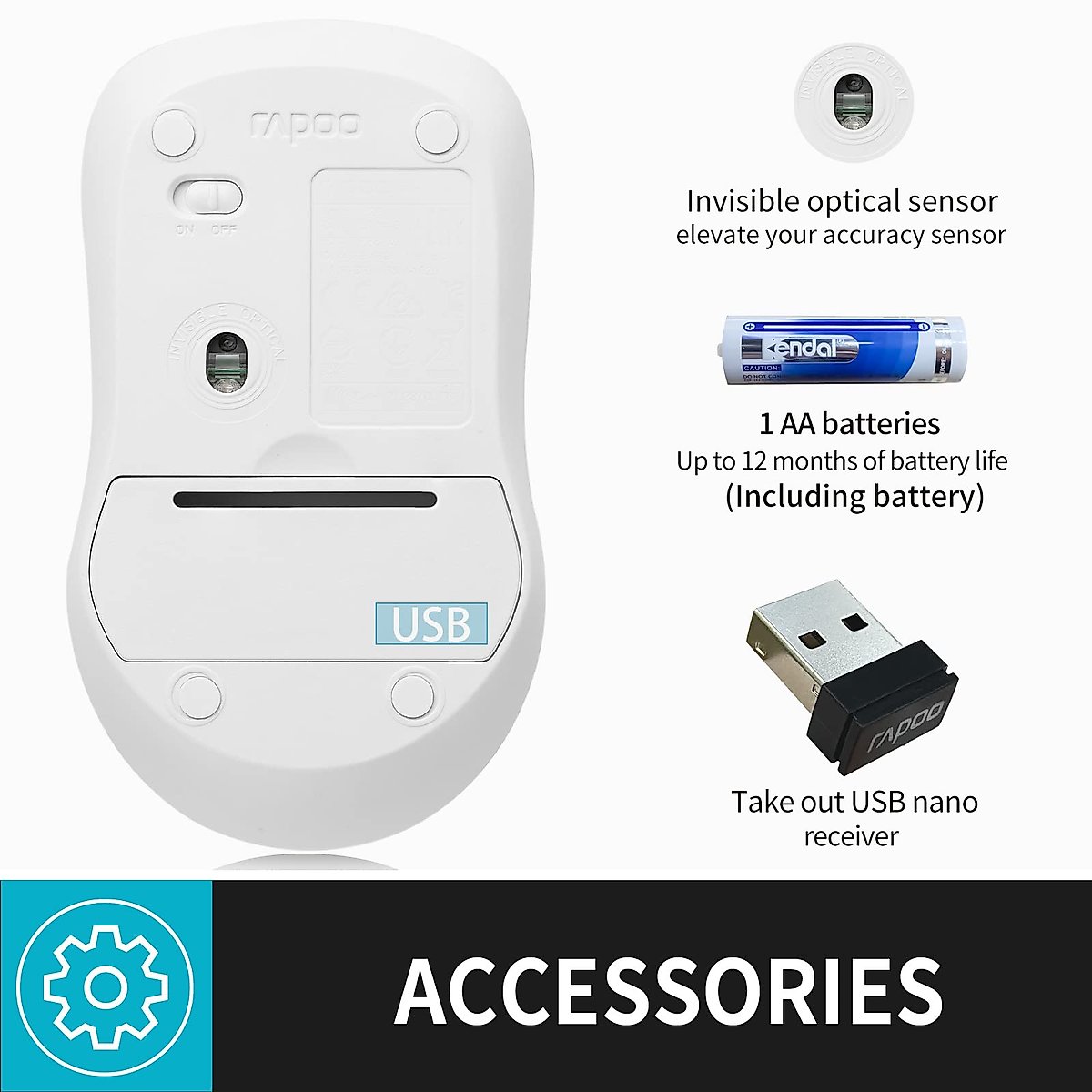 Rapoo 1680 Silent Wireless Mouse, 2.4GHz Cordless Mouse with USB Receiver, 1K DPI, 3 Buttons Computer Mouse with 12M Battery Life, Ambidextrous Computer Mice for PC/Tablet/Laptop, White