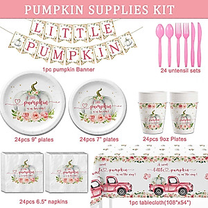 Yuzioey 177pcs Pumpkin Baby Shower Decorations, A Little Pumpkin is On The Way, Fall Pink Pumpkin Disposable Dinnerware (Serve 25 Guests)with Paper Plates Cups Napkins, Banner Tablecloth