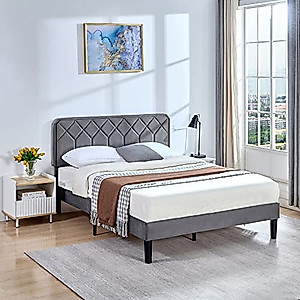 VECELO Queen Size Bed Frame Premium Upholstered Platform with Height Adjustable Headboard/Mattress Foundation Solid Wooden Slat Support, No Box Spring Needed/Easy Assembly, Dark Grey