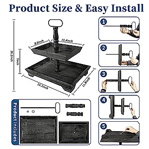 Tiered Tray Decor 2 Tier Wooden Tray Stand Decorative Serving with Metal Handle Farmhouse Two Tiered Tray-Rustic Rectangular Tiered Tray Tiered for Kitchen Table Decor Serving Tier Tray Decoration