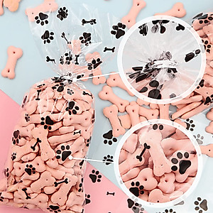 100 Pieces Pet Paw Bone Print Cellophane Bags, Dog Puppy Pet Gift Bags with Silver Twist Ties, Cellophane Treat Bags for Candy Cookie Chocolate Nuts Birthday Party Favor Goody Bags