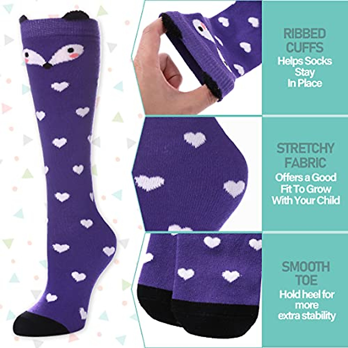 LINEMIN 3-12 Years Girls Knee High Socks Kids Cartoon Animal Warm Cotton Long Tall Boot Socks 6 Pairs (6 Pairs Animal C)