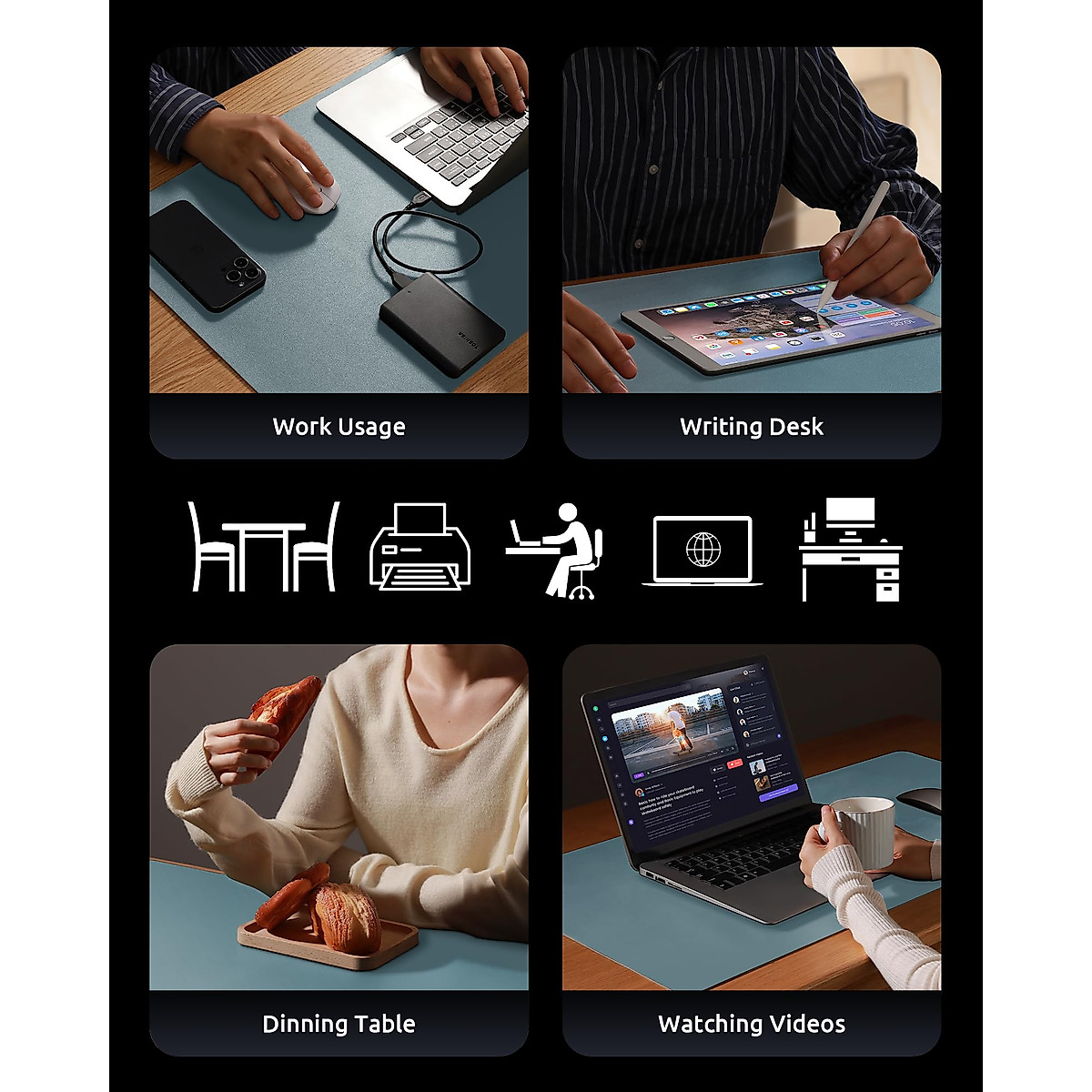 YSAGi Dual-Sided Leather Desk Pad, Office Desk Mat, PU Leather Desktop Protector, Large Mouse Pad, Laptop Desk Pad, Waterproof Desk Writing Pad for Office and Home (23.6" x 13.8", Blue+Grey)