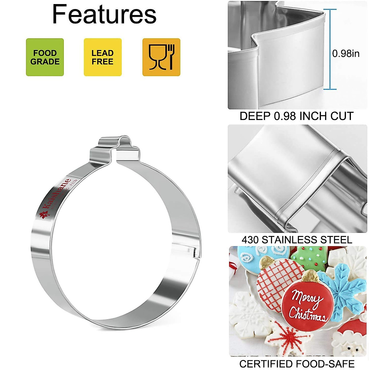 KAISHANE Christmas Cookie Cutters - 5 Pieces -Christmas Ornament,Light bulb,Round Cookie Cutters