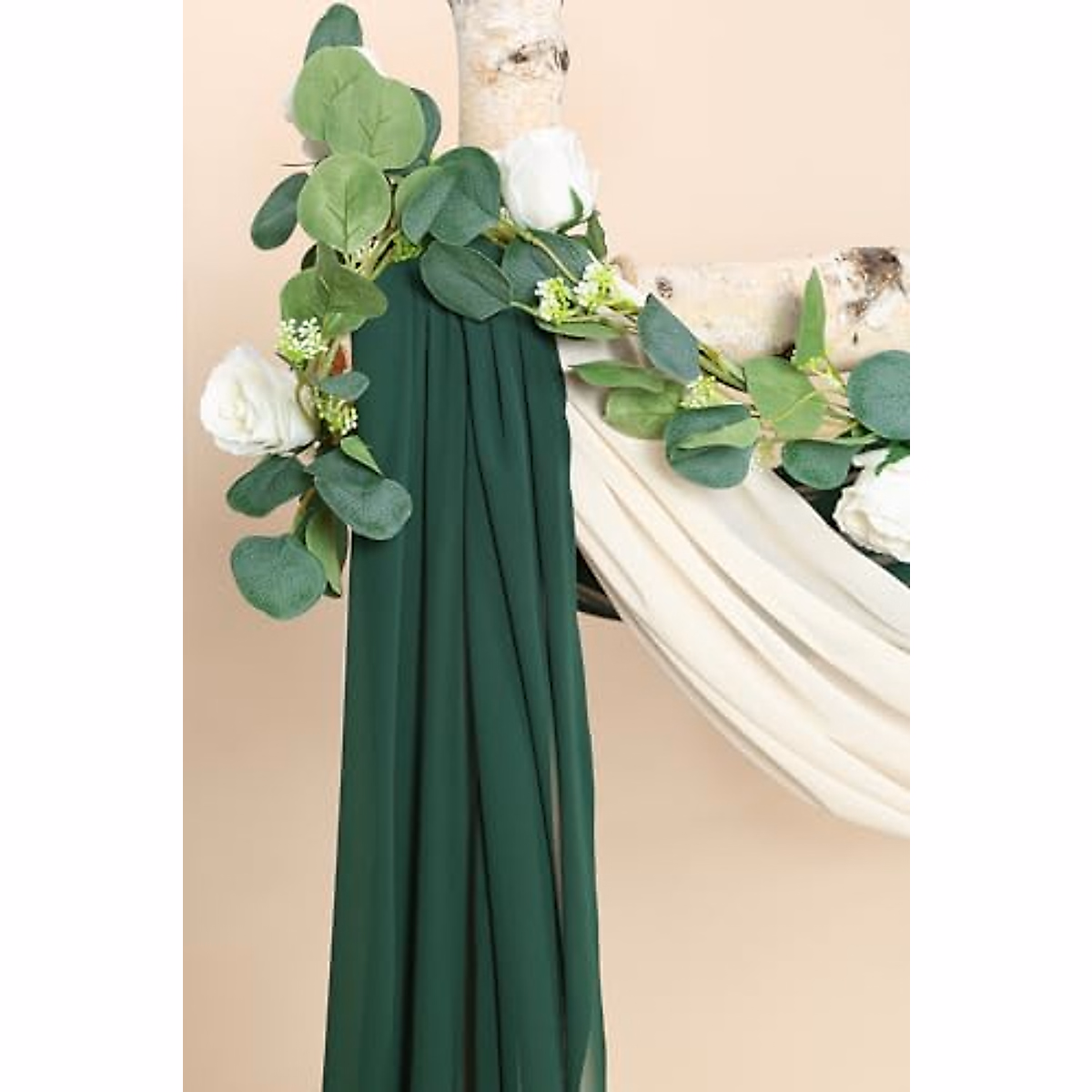 SHERWAY 2 Panels Chiffon Fabric Drapery Wedding Arch Drapes, Party Backdrop Curtain Panels, Ceremony Reception Swag Decoration (27 x 216 Inch, Hunter Green & Ivory)
