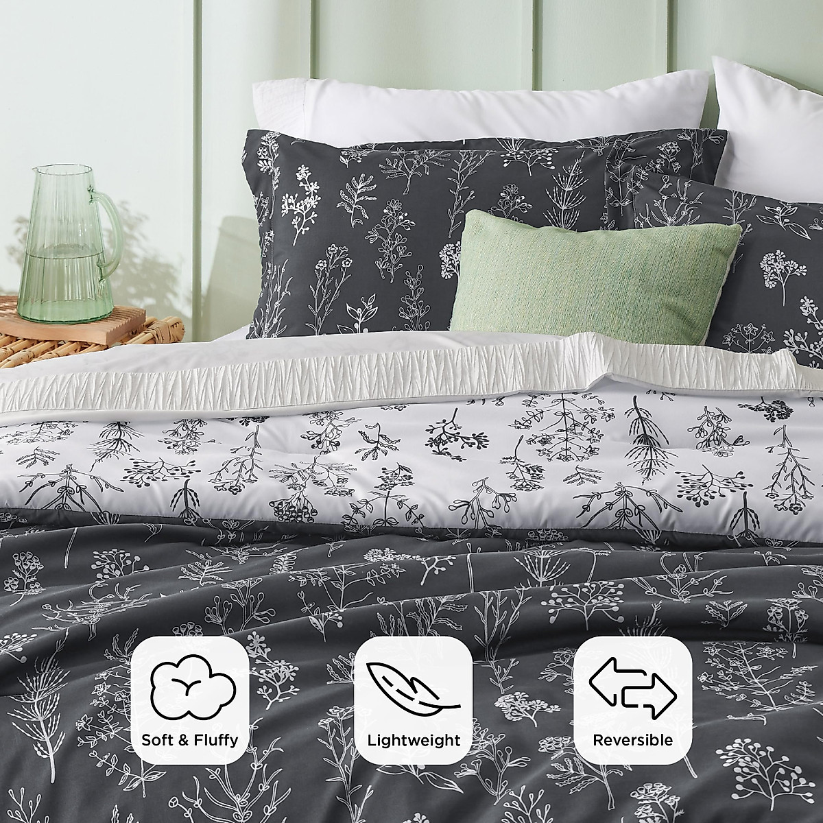 Bedsure King Comforter Set - Dark Grey Comforter, Cute Floral Bedding Comforter Sets, 3 Pieces, 1 Soft Reversible Botanical Flowers Comforter and 2 Pillow Shams