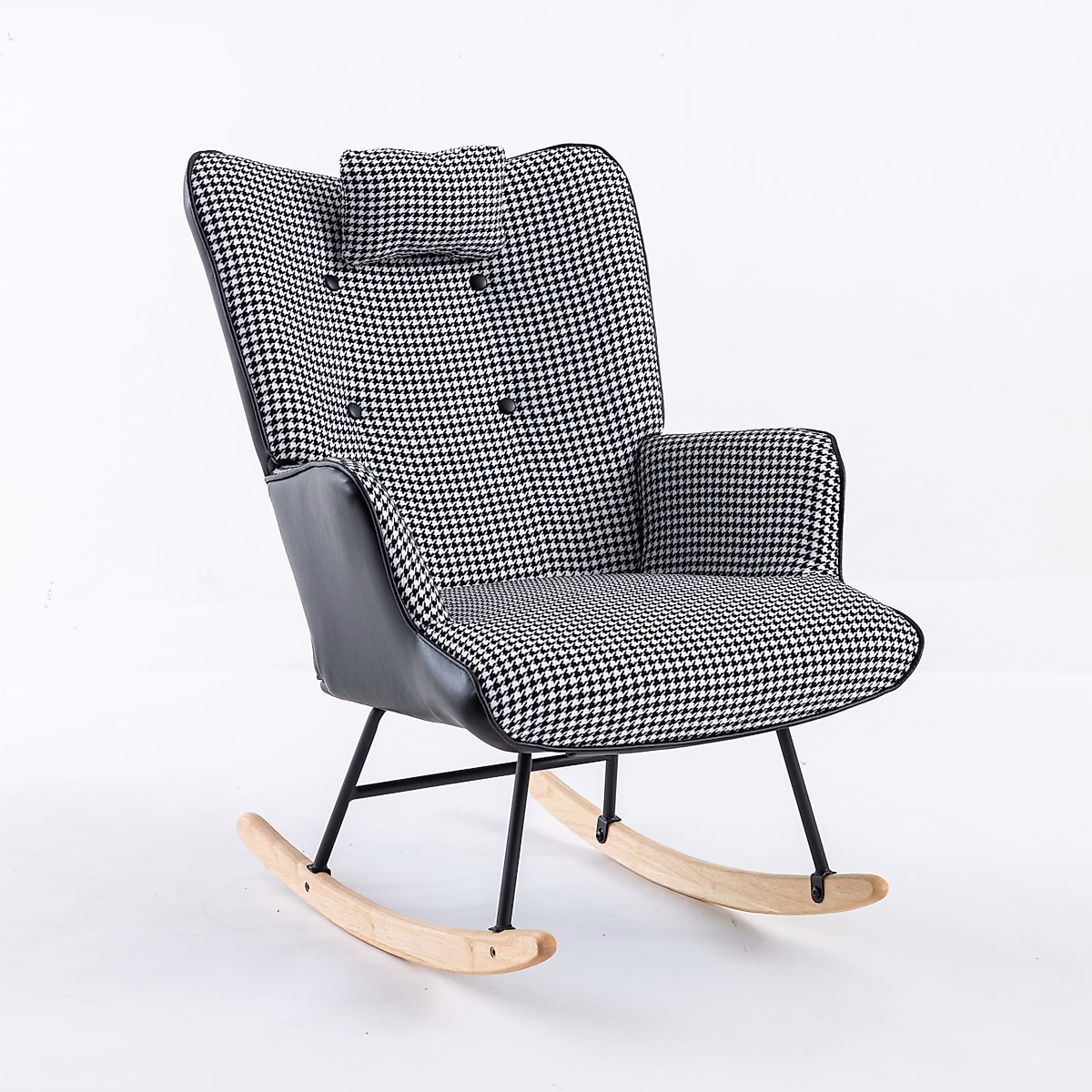 Tiophome Rocking Chair Nursery, Upholstered Glider Rocker Accent Chairs Padded Seat with High Backrest, Comfy Side Armchair for Nursing, Living Room, Bedroom, Office, Linen/Leather, Houndstooth Black