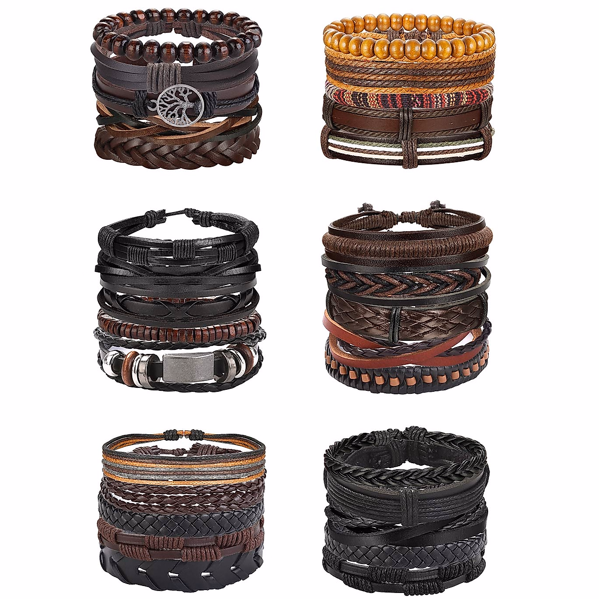 Florideco 30PCS Braided Leather Bracelets for Men Women Wrap Wood Beads Bracelet Woven Ethnic Tribal Rope Wristbands Bracelets Set Adjustable
