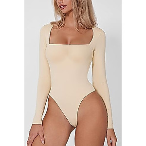 QINSEN Bodysuit Shirts for Women Square Neck Long Sleeve Shirt Double Lined Tops Marzipan M