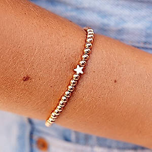 Pura Vida Bracelet Rose Gold Mini Star Charm Bracelet - Beaded Bracelet with Stretchable Cord, String Bracelet for Women - Stackable Bracelets for Teen Girls, Handmade Bracelets for Teens - One Size