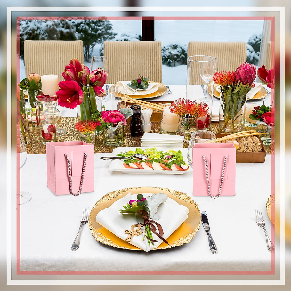 50 Pcs Mini Gift Bags Bulk Paper Bags with Gift Tags Small Paper Gift Bags with Handles for Valentine's Day Birthdays Baby Showers Weddings Party Favors Supplies 4 x 2.75 x 4.5 Inch