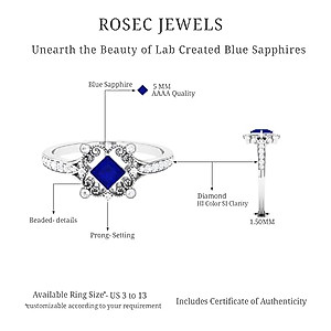 Rosec Jewels Certified Lab Grown Blue Sapphire Diamond Vintage Ring, 5 MM Sapphire Princess Cut Engagement Ring, AAAA Quality, 14K Yellow Gold, Size:US 7.50