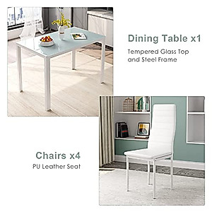 BAHOM 5 Piece Kitchen Dining Table Set for 4, Glass Dining Table and 4 Chairs PU Leather for Breakfast (White)