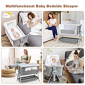 BABY JOY Bedside Bassinet, Portable Baby Crib w/Mattress, Two-Side Breathable Mesh, 7 Height Adjustable, Large Storage, Wheels for Easy Movement, Crib for Newborn Infant, Bassinet for Baby, Grey