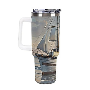 LLUTSNTH 40 Oz Vacuum Tumbler with White Handle Leakproof Insulated Tumbler Ship And Compass Stainless Steel Travel Mug with Lid And Straw Coffee Cup Cute Water Bottles Cup Holder Friendly