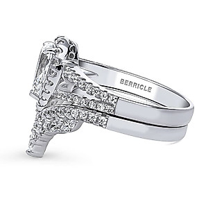 BERRICLE Sterling Silver Halo Wedding Engagement Rings Pear Cut Cubic Zirconia CZ Split Shank Ring Set for Women, Rhodium Plated Size 7