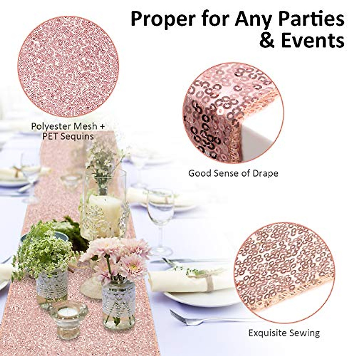 Syntus Sequin Table Runner Rose Golden, 2 Pack 12 x 72 inch Glitter Rose Gold Table Runner Rectangle for Graduation Party Supplies Decorations Wedding, Birthday & Baby Shower