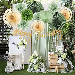 Sage Green Party Decorations Beige Tissue Paper Pom Poms Green Fans Lanterns Sage Party Decorations Boho Green Cream Party Decorations for Sage Birthday Wedding Bridal Baby Shower