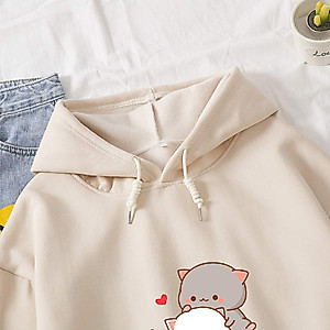KEEVICI Women Kawaii Cartoon Cute Cat Graphic Casual Cotton Pullover Hoodies Sweatshirt Apricot