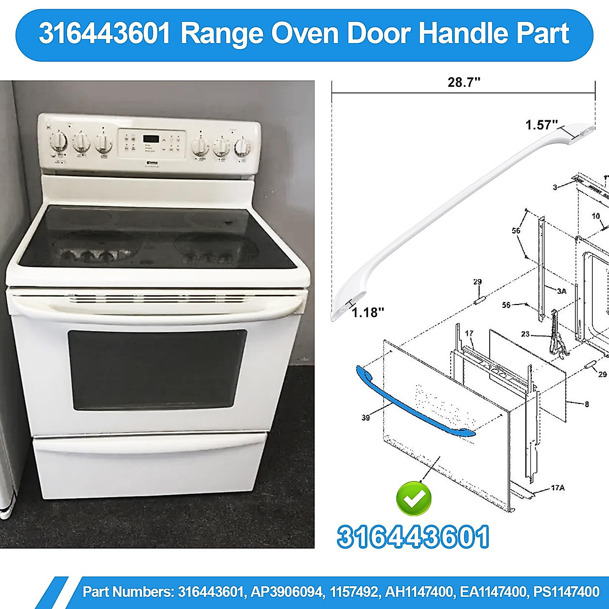 Upgraded 316443601 Oven Door Handle Replacement Compatible with Frigidaire Kenmore Electrolux Electric Range Oven Stove Come with 2 Pack 316433300 Range Oven Door Handle Screws