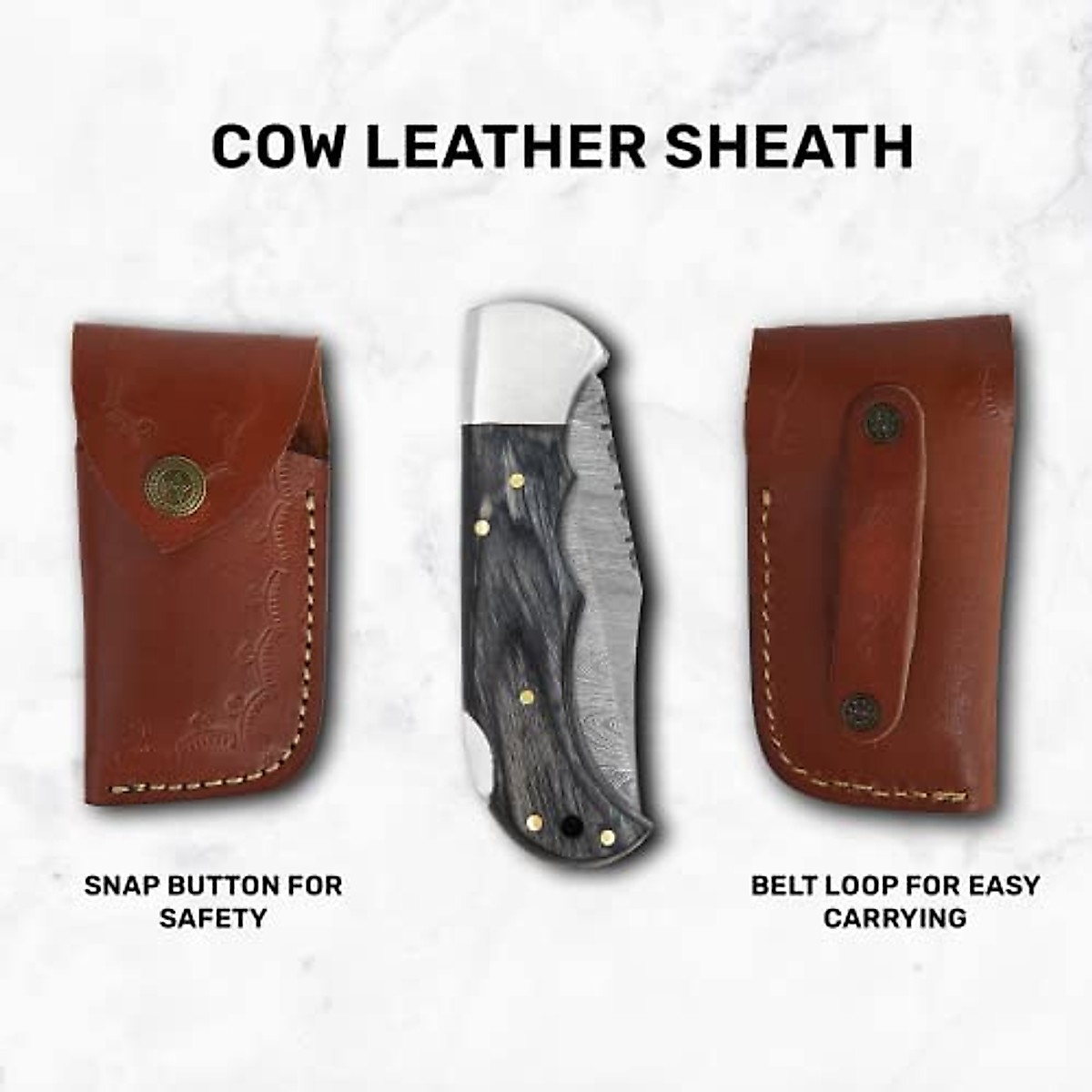 KIMPE 6.5" Damascus Pocket Knife with Holster-Folding Knife-EDC Knife-Best Camping Knife & Survival Knife-Pocket Knives for men & Self Defense Knife for Women (Pakka Grey Wood)