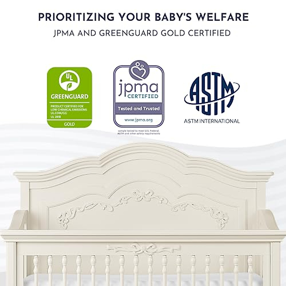 Evolur Aurora 5-In-1 Convertible Crib In Ivory Lace, Greenguard Gold Certified, Features 3 Mattress Height Settings, Sturdy And Spacious Baby Crib, Wooden Furniture