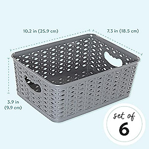 LARQUE 6 Plastic Storage Bins 10.2 x 7.3 x 3.9 inches, Small Weave Organizer Bins with Integrated Handles for Home, Kitchen/Pantry, Craft Room, Bookshelf Organization, and Office (Dark Grey)