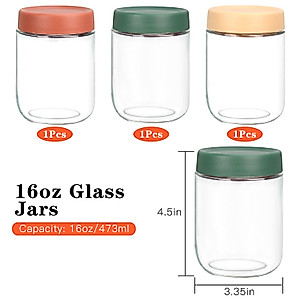 Mdvora 3 Pack 16oz Overnight Oats Jars with Lids, Glass Jars with Airtight Lids, Wide Mouth Overnight Oats Jars, Glass Food Storage Containers(3 Pack, 16oz)