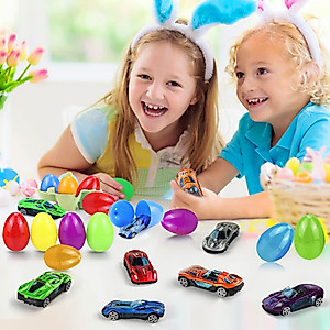OCHIDO 12 Pack Easter Eggs Toys with Die-Cast Cars,Boy Easter Basket Stuffers for Kids,Easter Eggs Hunt,Prefilled Easter Eggs with Toys,Easter Party Supplies Bulk