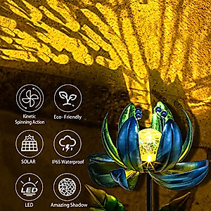 Solar Yard Lights Wind Spinners- Metal Lotus Flower Garden Decor LED Crackle Glass Globe Yard Art Sculpture Solar Stake Lights for Patio Pathway Lawn Walkway