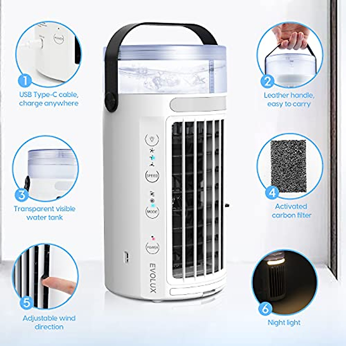 Small Portable Air Conditioners for Car, 400 ML Mini Personal Portable Water Air Cooler with 7 Color LED Light, White AC Fans that Blow Cold Air Rechargeable