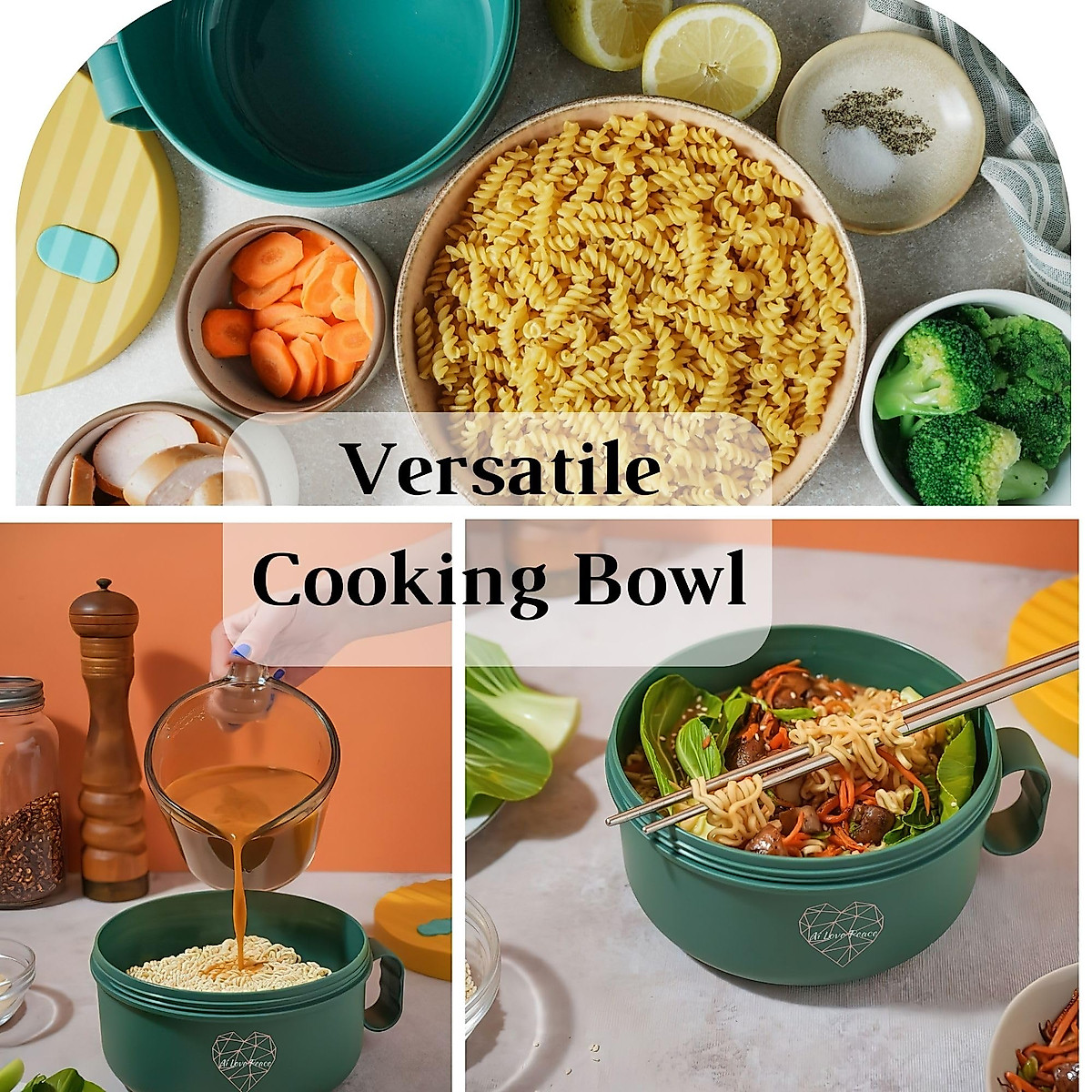 AI LOVE PEACE Microwave Ramen Soup Bowl - Instant Noodle Cooker for Dorm Room Essentials with Lid - Ramen Maker - Microwave Safe Bowls BPA Free Pefect College Gifts and Holiday Gifts