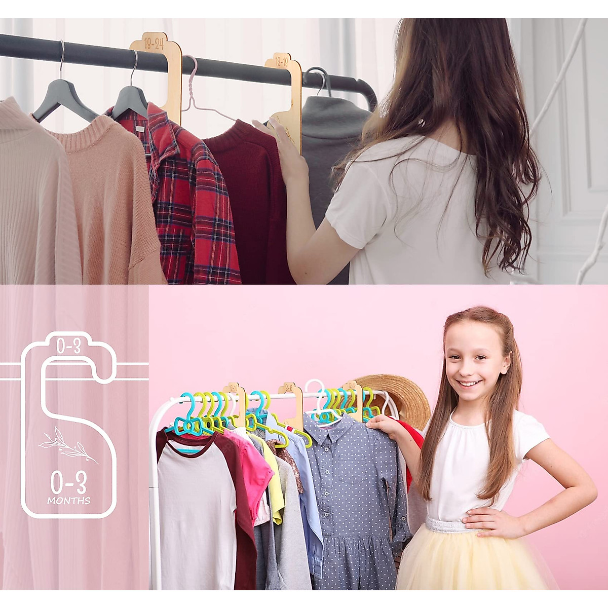 ABSOFINE Baby Closet Dividers, 8PCS Wooden Double Nursery Closet Size Dividers, Baby Closet Organizer Closet Dividers from Newborn to 24 Months for Baby Girls or Boys