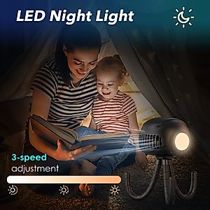 Inverter Table Fans With LED Lights｜USB Fans Rechargeable 4000mAh Portable Robot Flexible Tripod Clip ｜4 Speeds 360°Adjustment, for Baby Stroller, Bedside, Desktop｜Where You Can Stand and Hang (Black)
