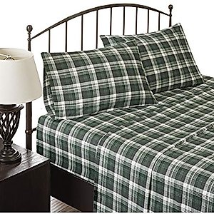 Woolrich Flannel 100% Cotton Sheet Set Warm Soft Bed Sheets with 14" Elastic Pocket, Cabin Lifestyle, Cold Season Cozy Bedding Set, Matching Pillow Case, Queen, Green Plaid, 4 Piece