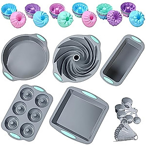 Tongjude 46 Piece Silicone Bakeware Set, Non-Stick Kitchen Oven Baking Pans, Silicone Cake Molds with Cake Pan, Chiffon Cake Pan, Donut Pan, Square Cake Pan and Loaf Pan