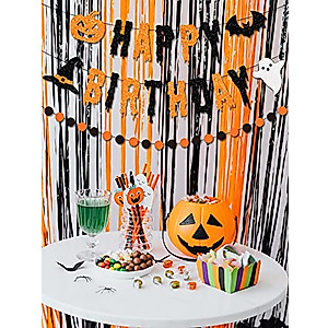 PTFNY Glittery Halloween Happy Birthday Banner Black Orange Halloween Birthday Bunting Banner Halloween Circle Dots Garland Halloween Themed Birthday Party Decorations for Wall Fireplace Party Decor