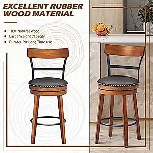 COSTWAY Bar Stools Set of 2, 360-Degree Swivel Stools with Leather Padded Seat, Single Slat Ladder Back & Solid Rubber Wood Legs, Counter Height Stools for Pub, Restaurant, Kitchen, Brown (2, 25.5)