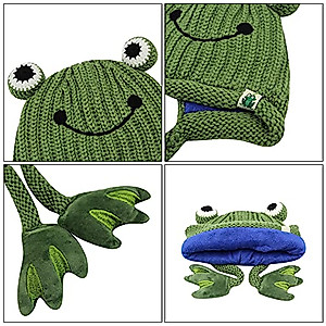 Suillty Toddler Kids Infant Winter Hat Cute Frog Earflap Knit Warm Cap Fleece Lined Beanie for Baby Boys Girls Green