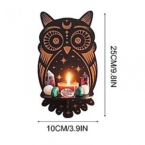 Halloween Decoration Hand Floral Sun and Moon Altar Shelf with-Pendulum and Necklace Stand Wooden Creative Crystal Wall Shelf (Owl)